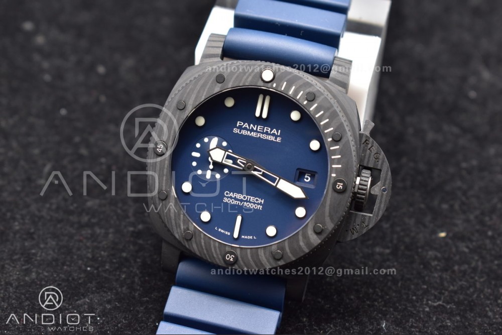 PAM1232 W Carbotech SBF 1:1 Best Edition Blue Dial on Blue Rubber Strap ...