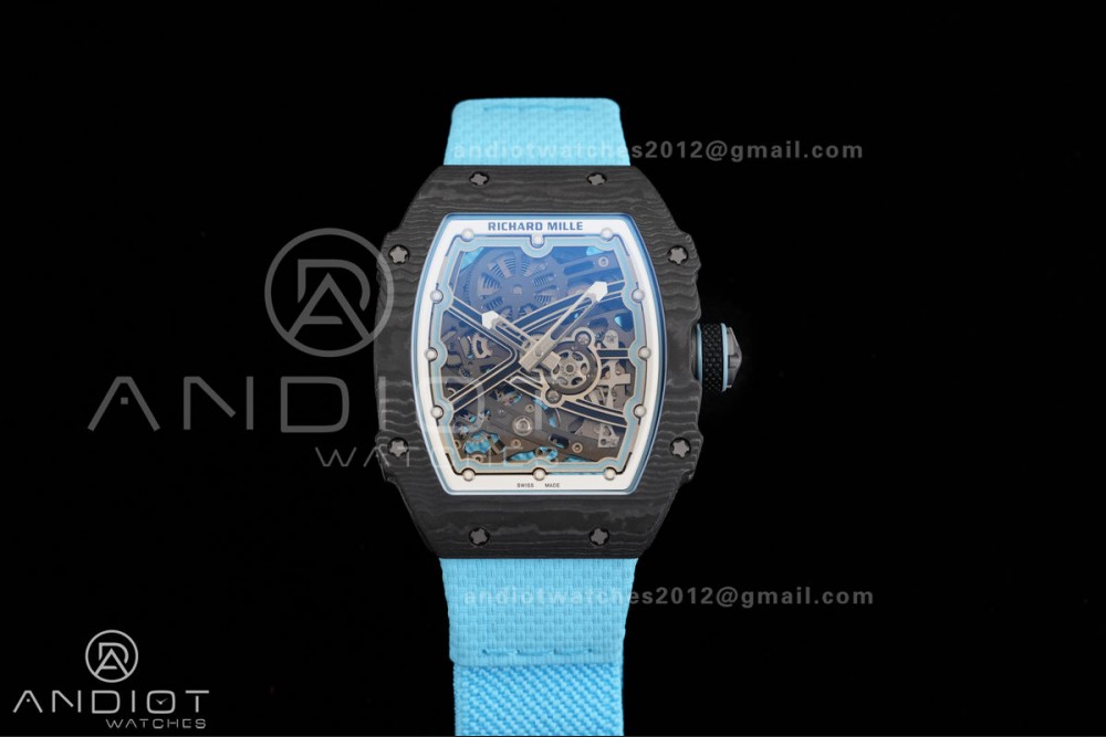 AVF RM67-02 Black NTPT Spain Skeleton Dial on light blue Elastic strap ...